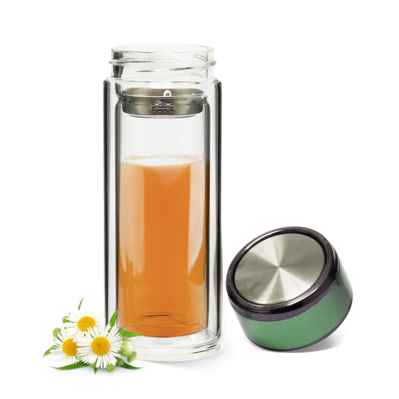 Garrafa de Vidro Parede Dupla para Sublimação com Infusor de chá Inox e ...